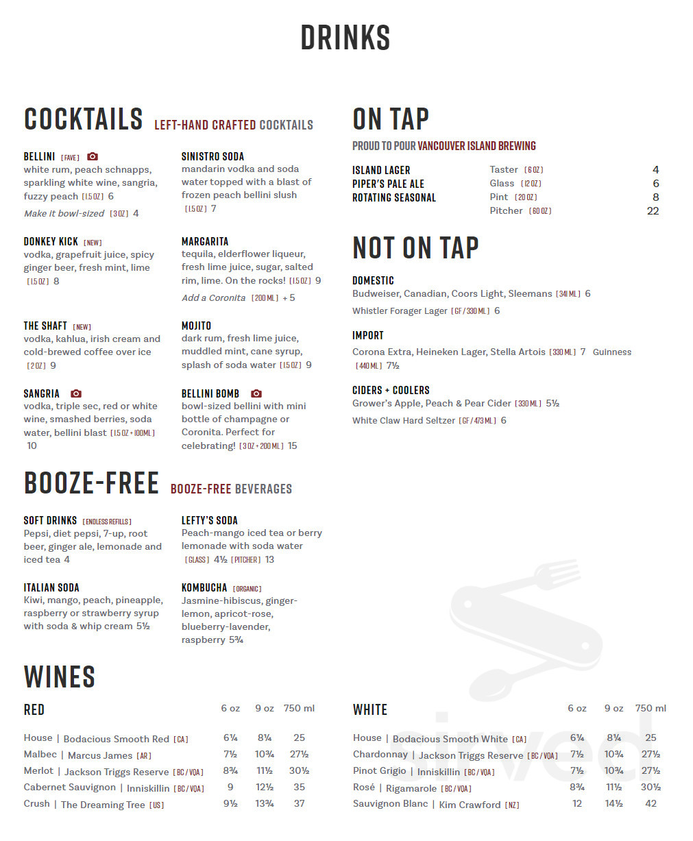 Lefty's Fresh Food menu in Parksville, British Columbia, Canada