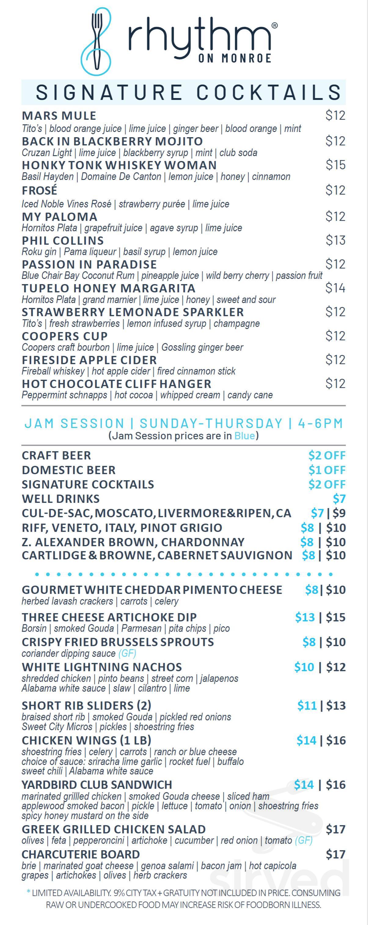 Menu - Huntsville AL's Rhythm on Monroe | Sirved