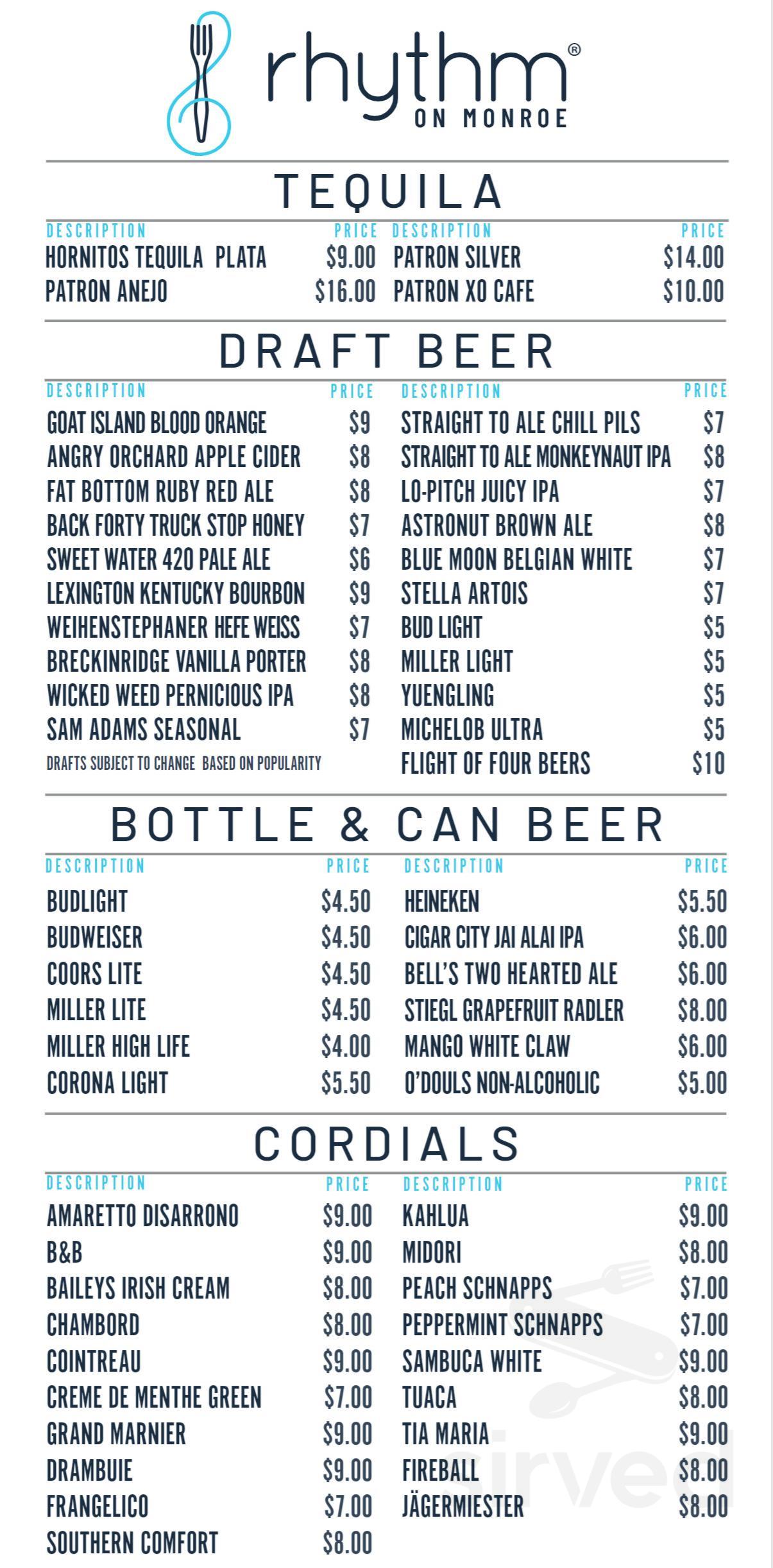 Rhythm on Monroe menu in Huntsville, Alabama, USA