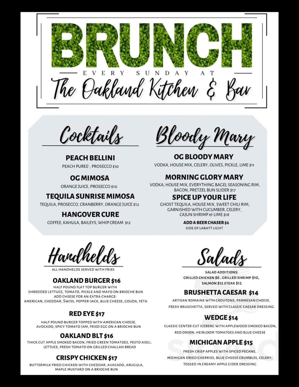 Menu for The Oakland Kitchen & Bar in Oakland Charter Township, MI | Sirved