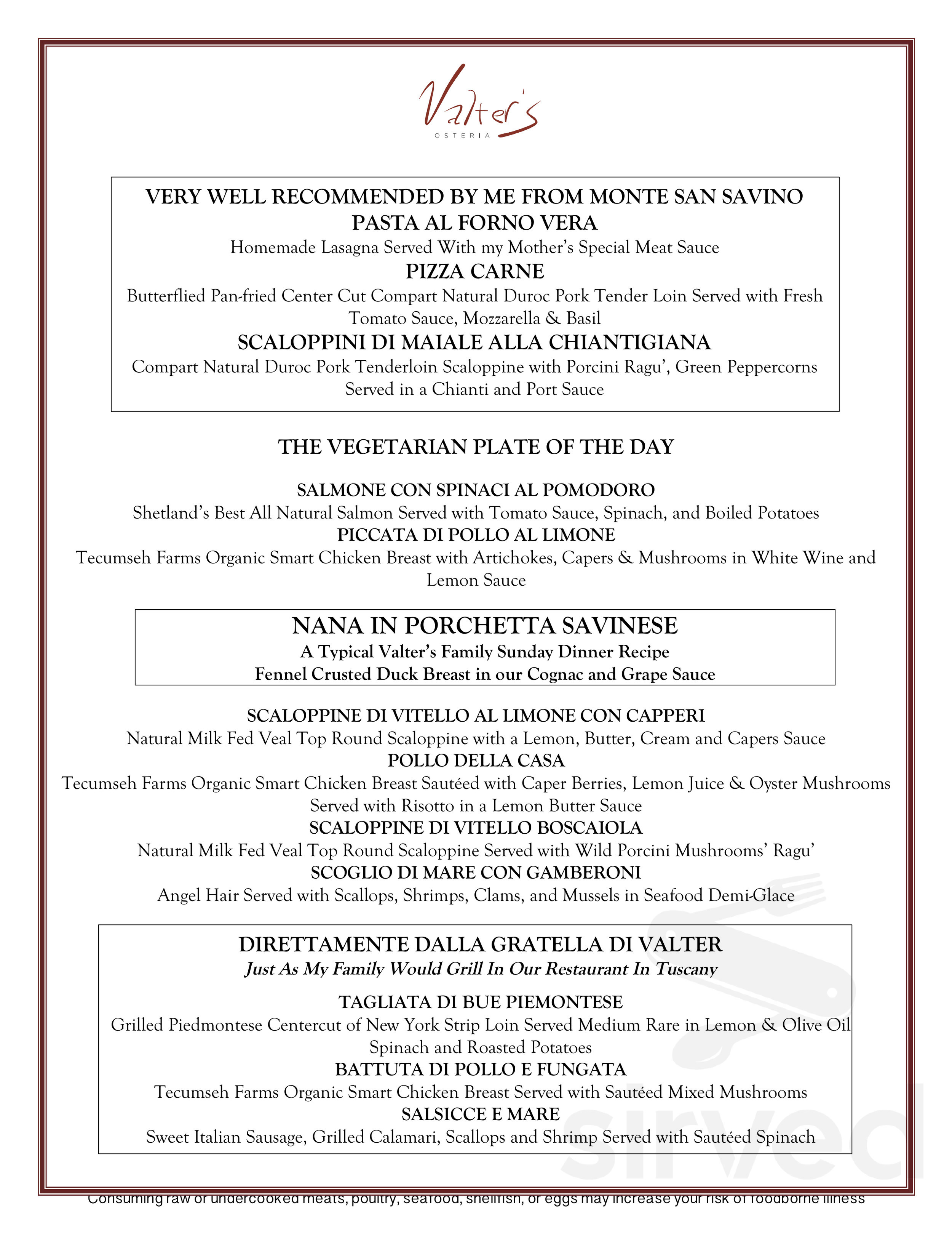 Valter's Osteria menu in Salt Lake City, Utah, USA
