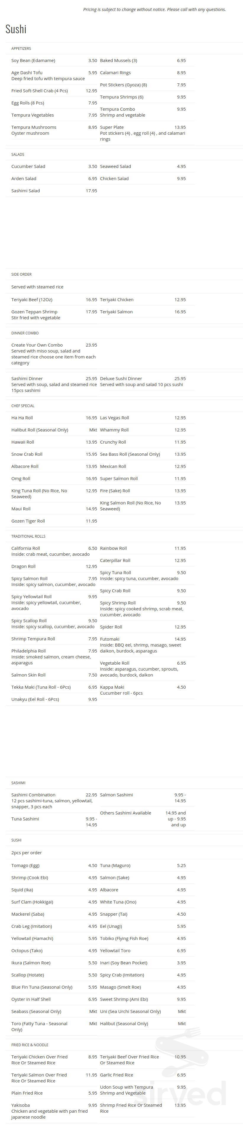 Gozen Japanese Restaurant menu in Visalia, California, USA