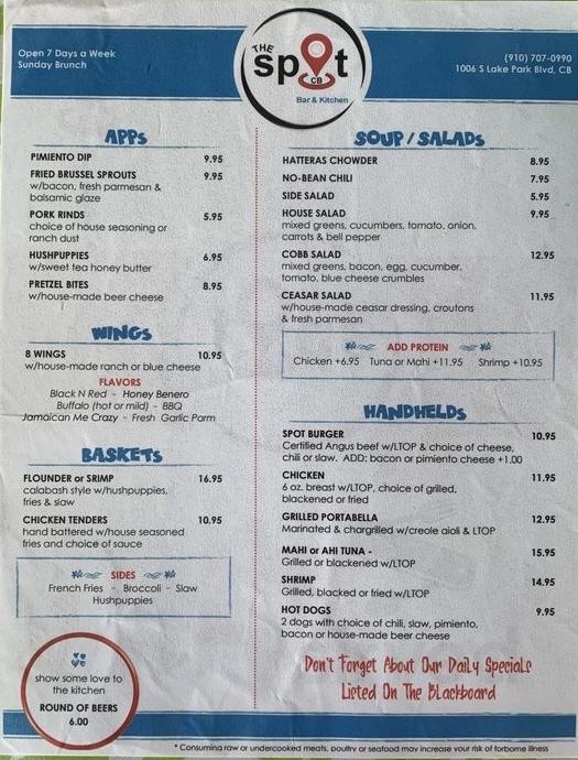 The Spot Bar & Kitchen menu in Carolina Beach, North Carolina, USA