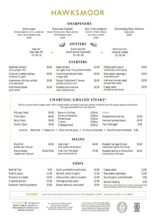 Hawksmoor NYC menu in New York, New York, USA