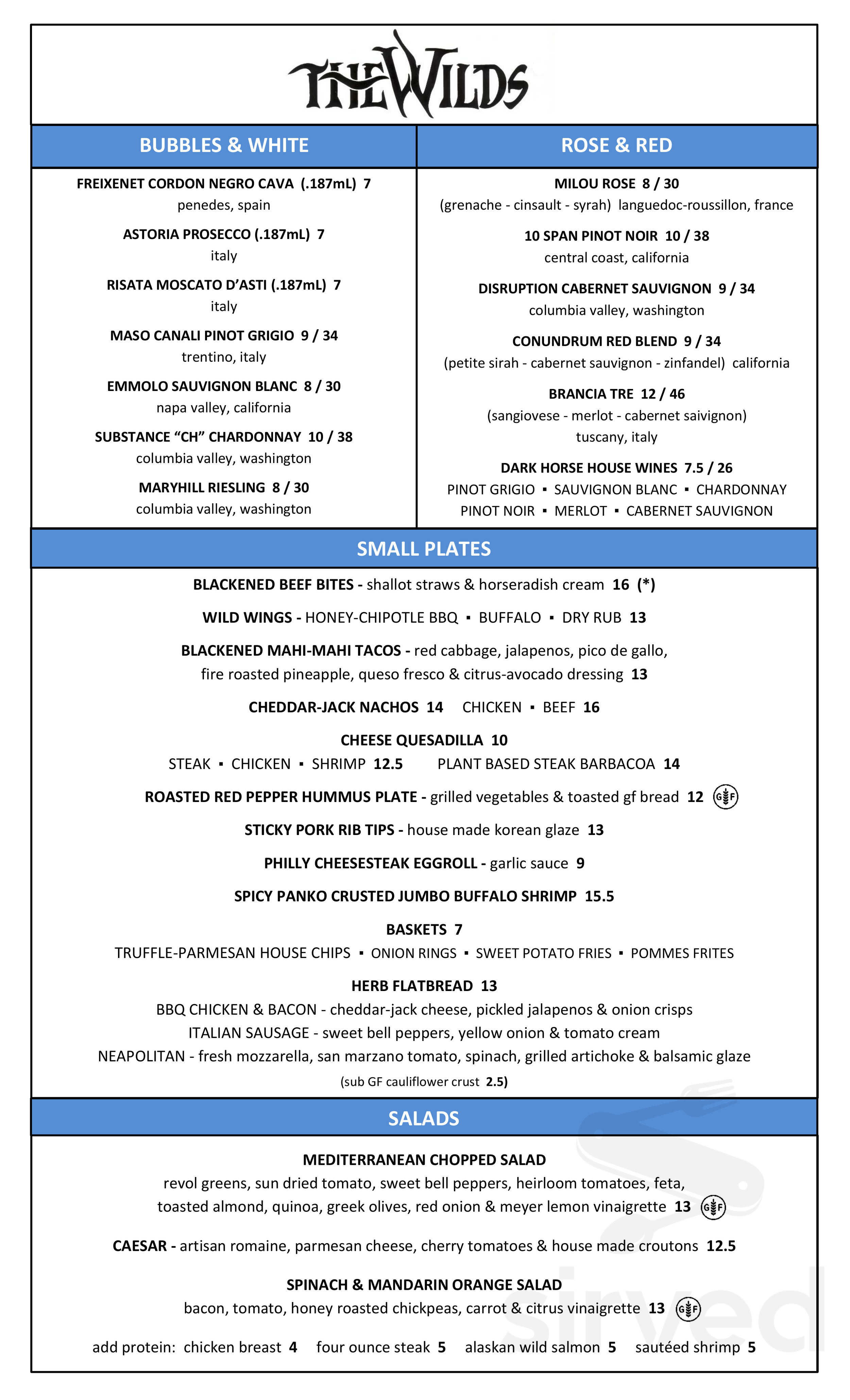 Menu for Wilds Pub in Prior Lake, MN | Sirved