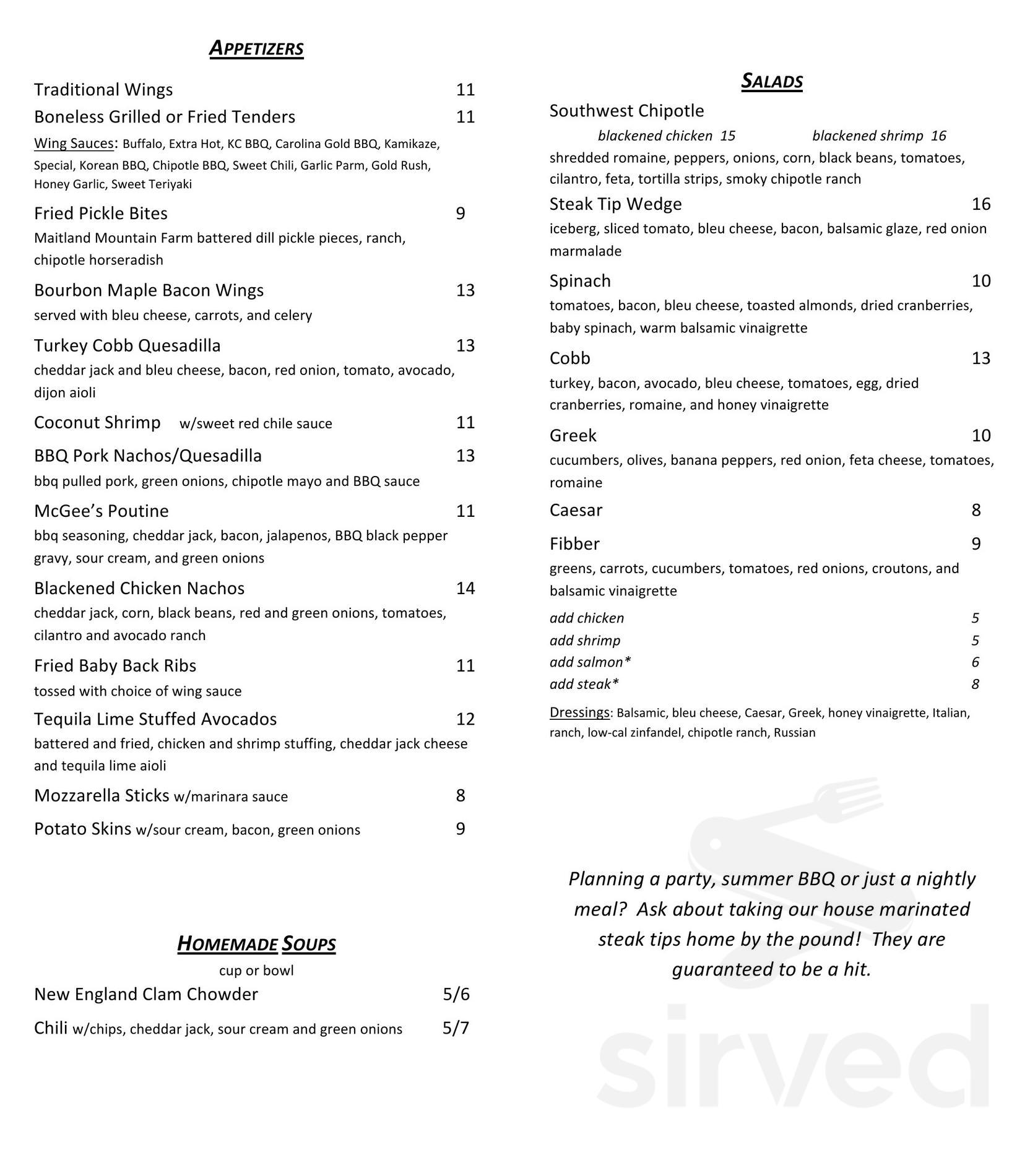 Menu for Fibber McGee's in Beverly, MA | Sirved
