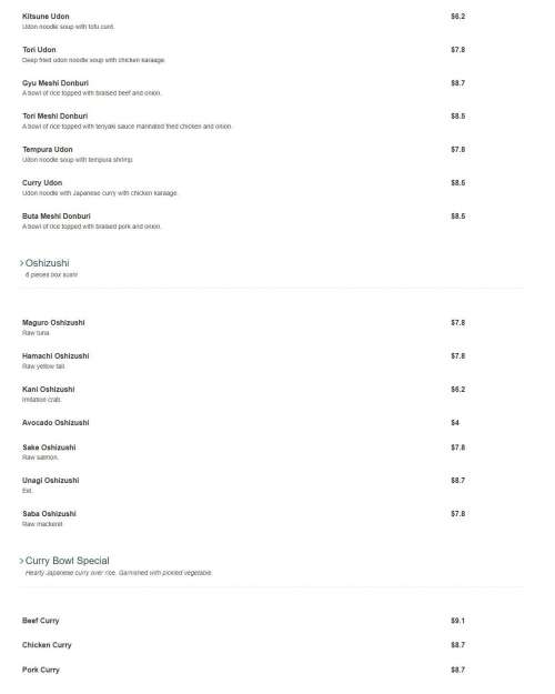 Sushi Takatsu menu in Minneapolis, Minnesota, USA