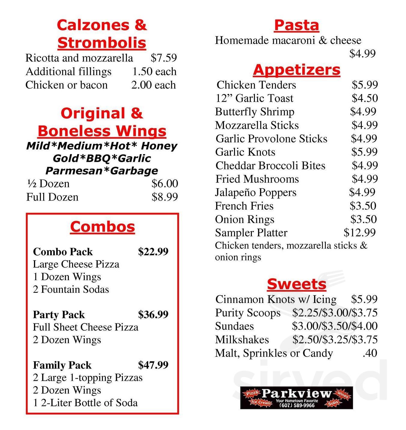 Parkview Pizzeria menu in Spencer, New York, USA