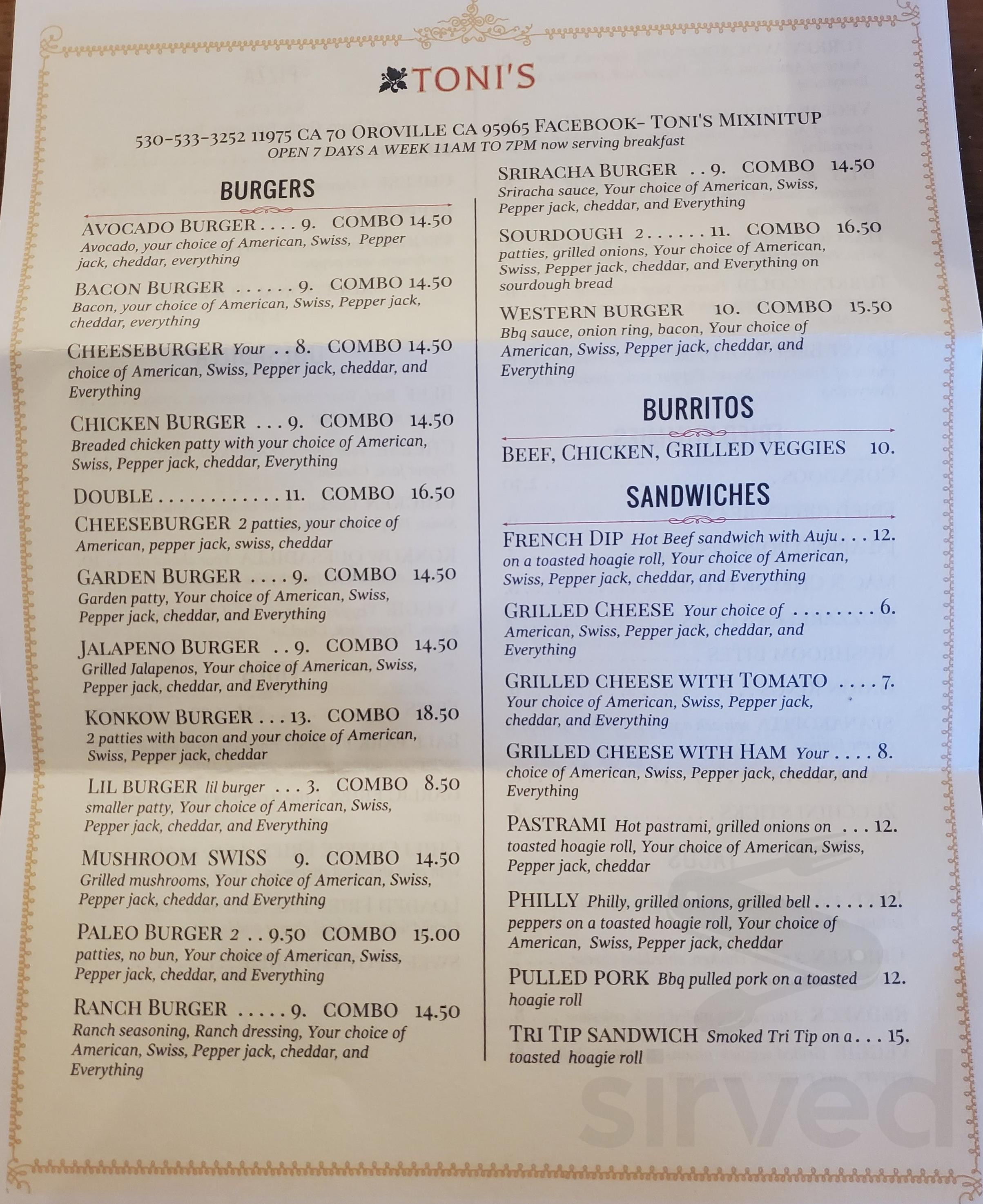 Toni's (MIXINITUP) menu in Oroville, California, USA