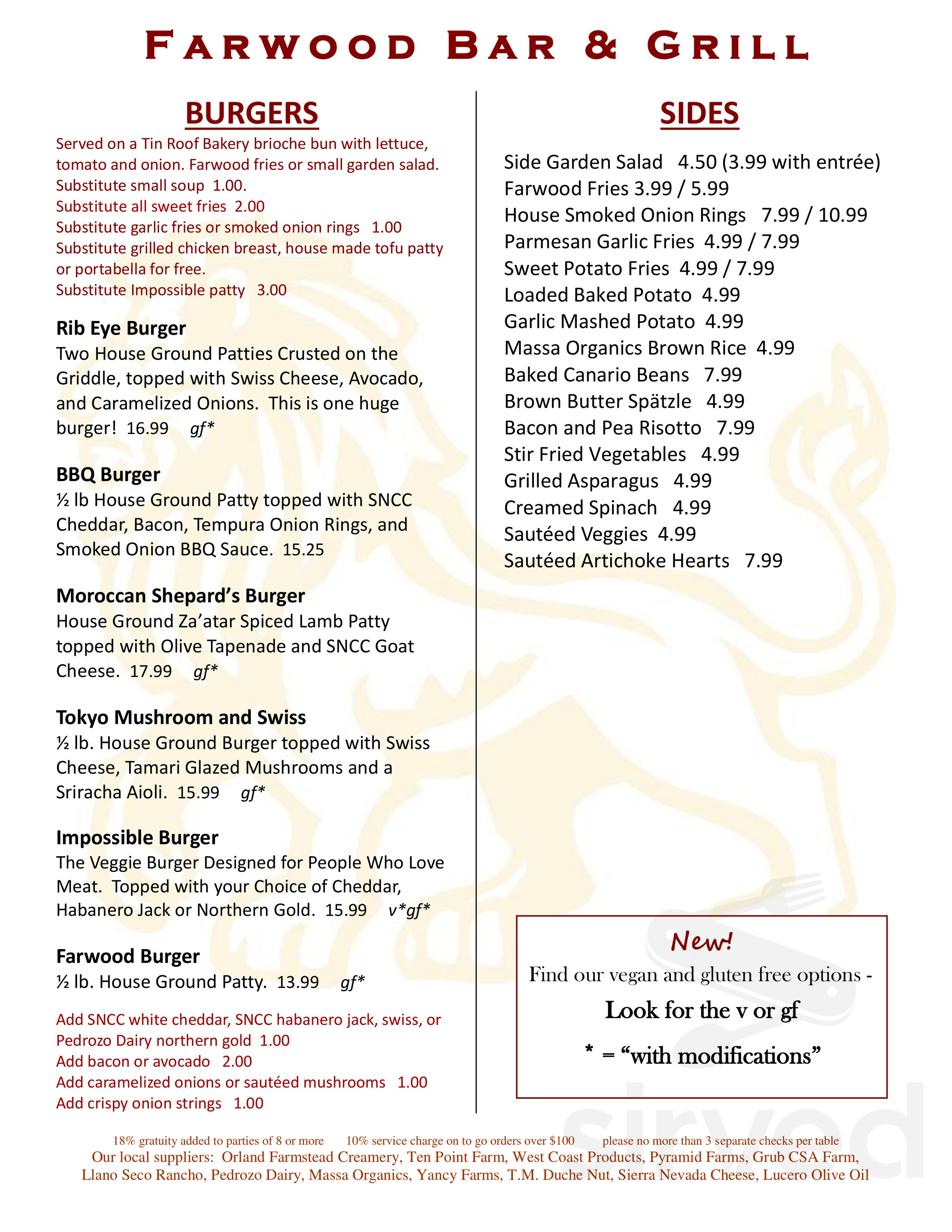 Farwood Bar & Grill menu in Orland, California, USA