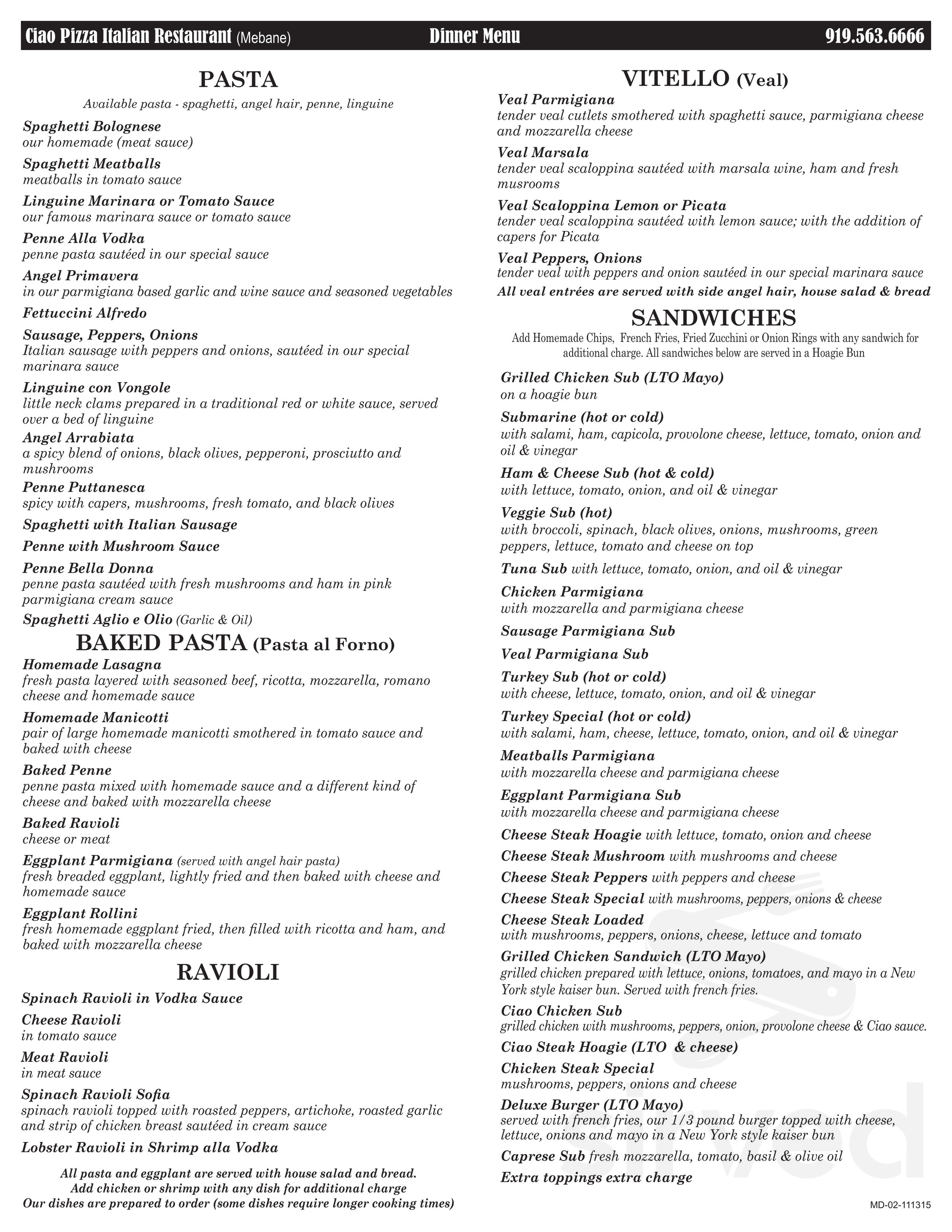 Ciao Pizza & Italian menu in Mebane, North Carolina, USA