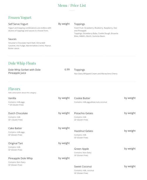 Swirl It Frozen Yogurt menu in Gilbert, Arizona, USA