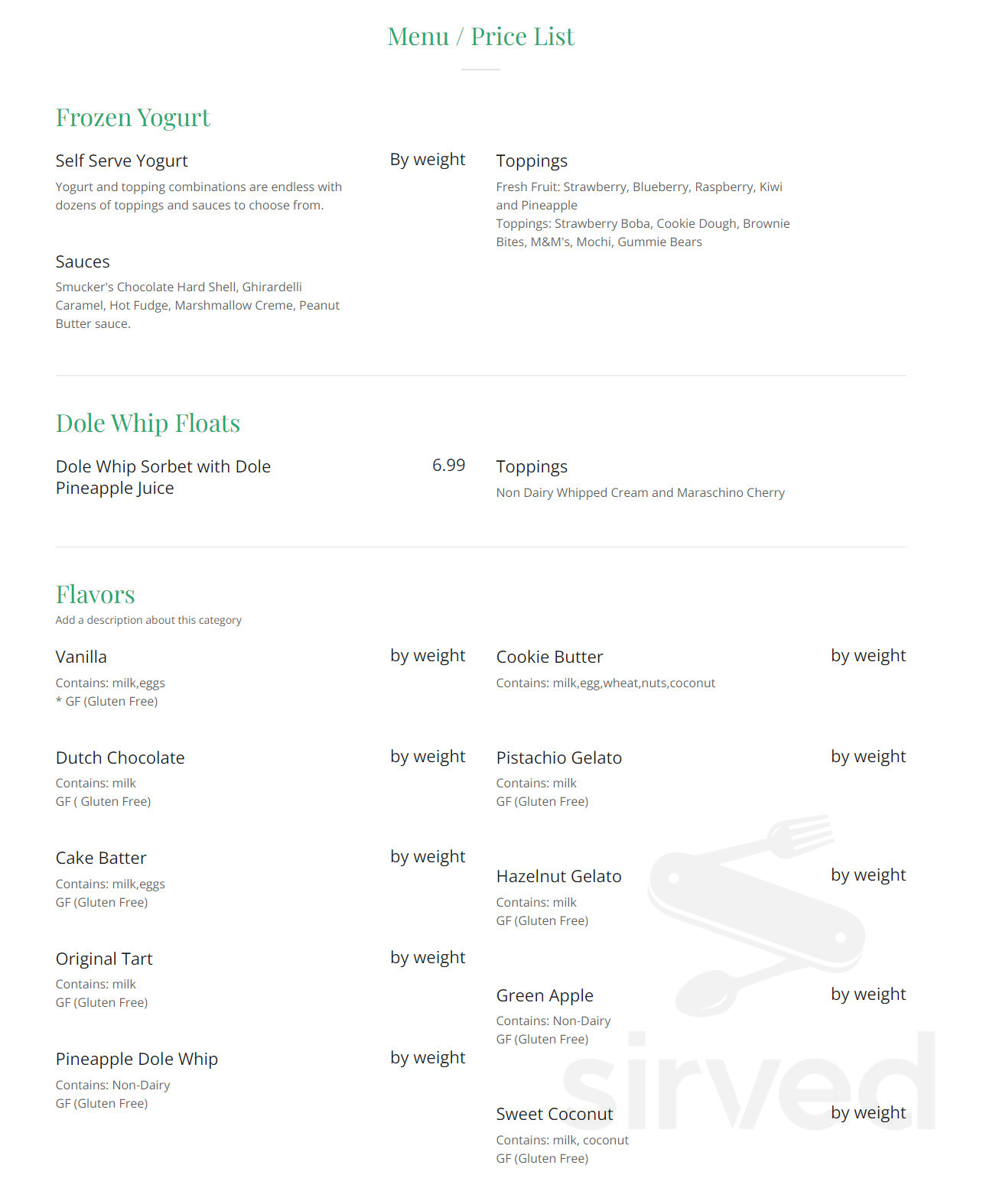 Swirl It Frozen Yogurt menu in Gilbert, Arizona, USA