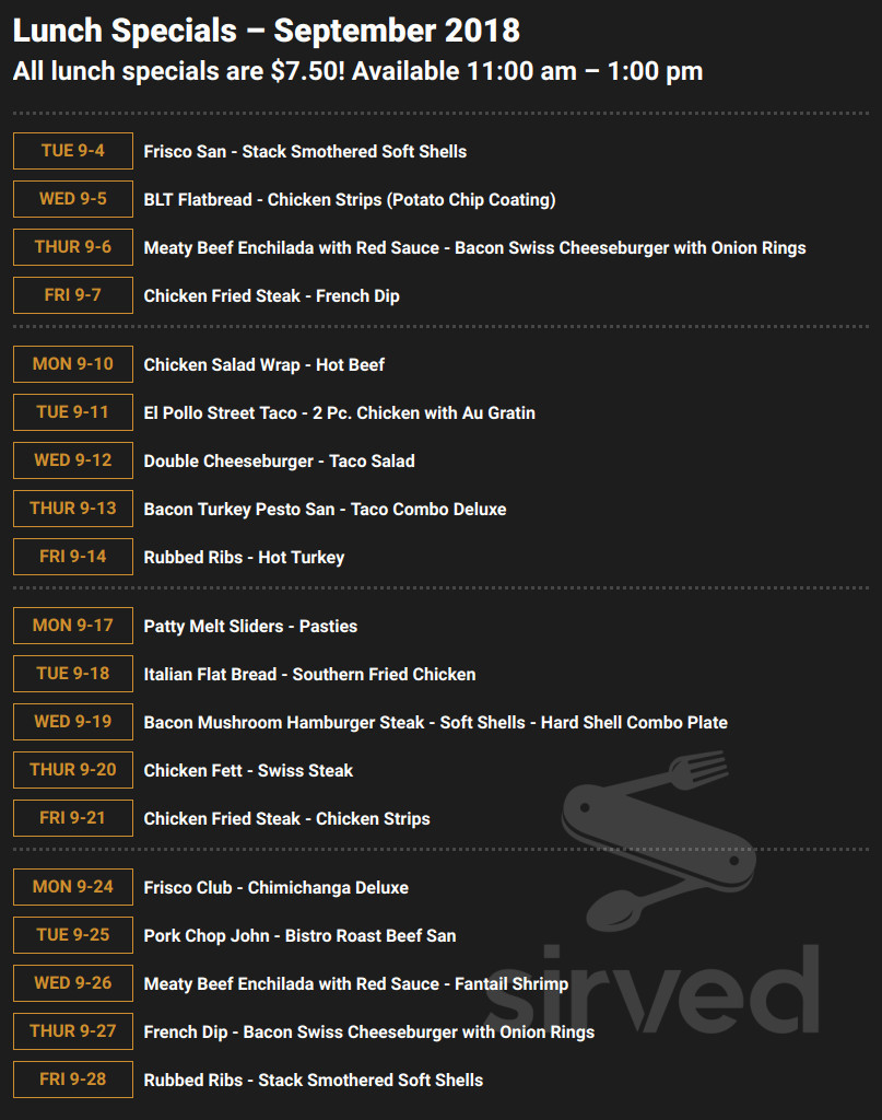 Tiny's Tavern menu in Billings, Montana, USA