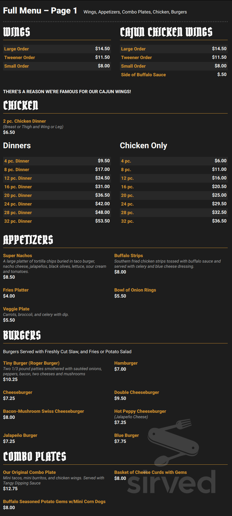 Tiny's Tavern menu in Billings, Montana, USA