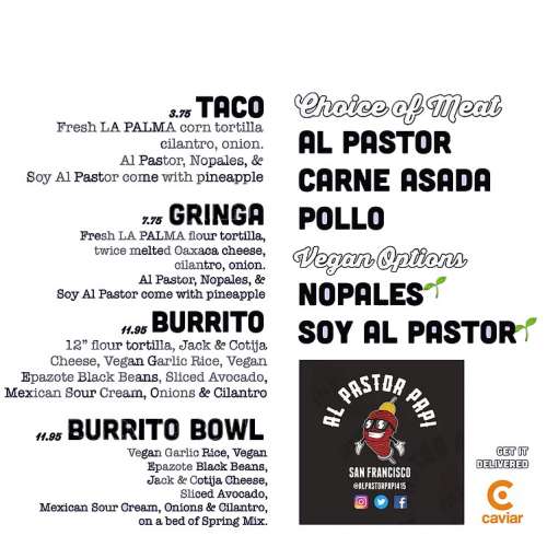 Al Pastor Papi menu in San Francisco, California, USA