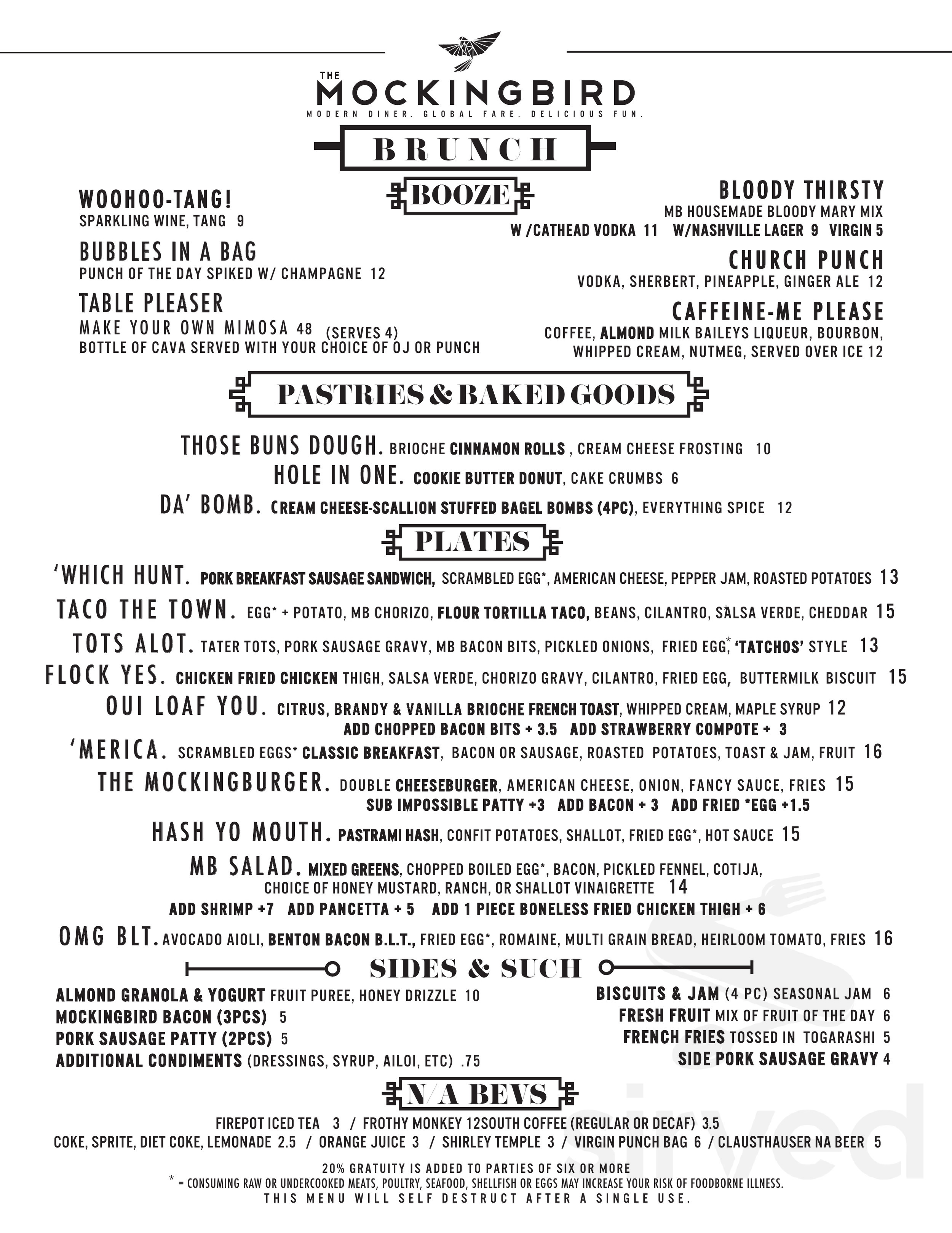 The Mockingbird menus in Nashville, Tennessee, United States