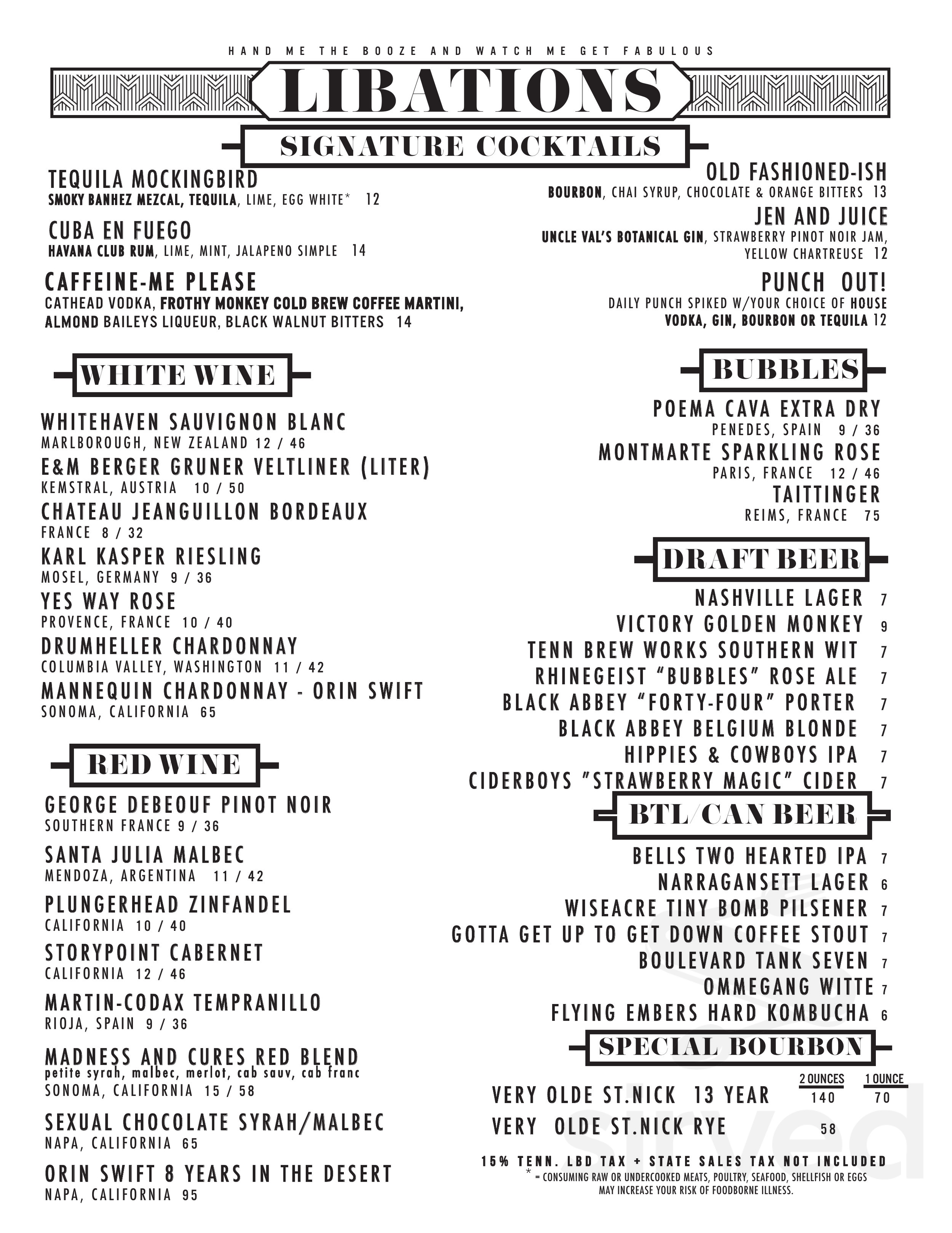 The Mockingbird menu in Nashville, Tennessee, USA