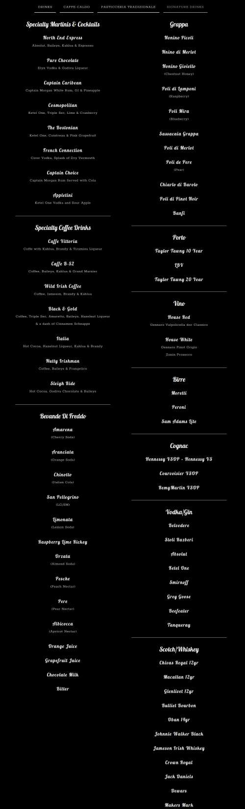 Caffe Vittoria menu in Boston, Massachusetts, USA