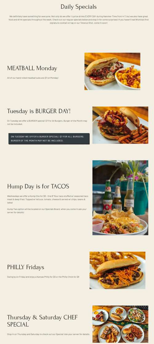 The Rusty Nail menu in Wichita, Kansas, USA