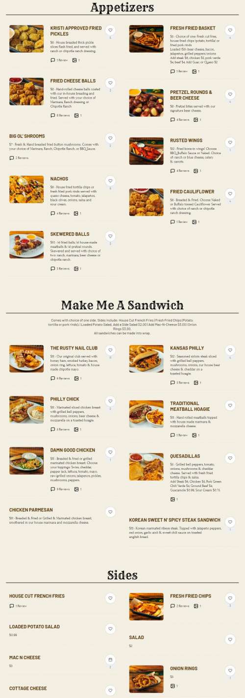 The Rusty Nail menu in Wichita, Kansas, USA