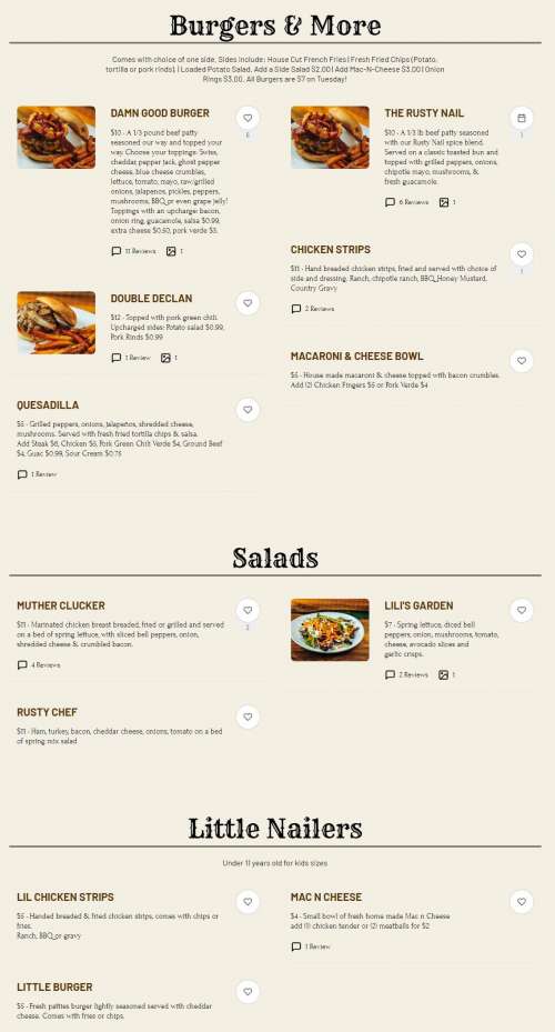 The Rusty Nail menu in Wichita, Kansas, USA