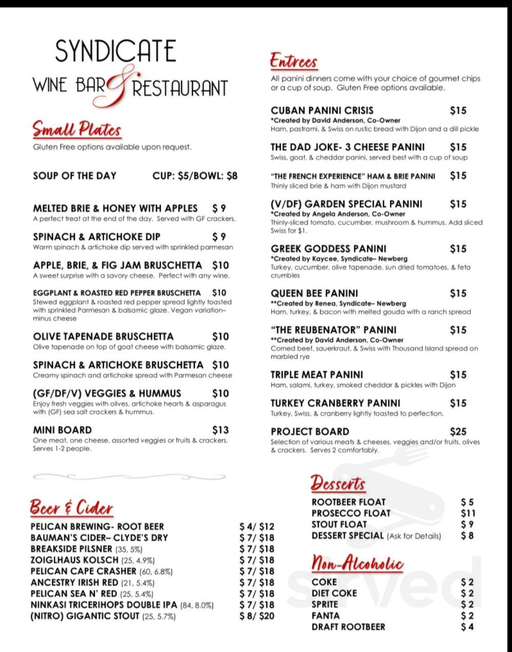 Syndicate Wine Bar- Newberg menu in Newberg, Oregon, USA