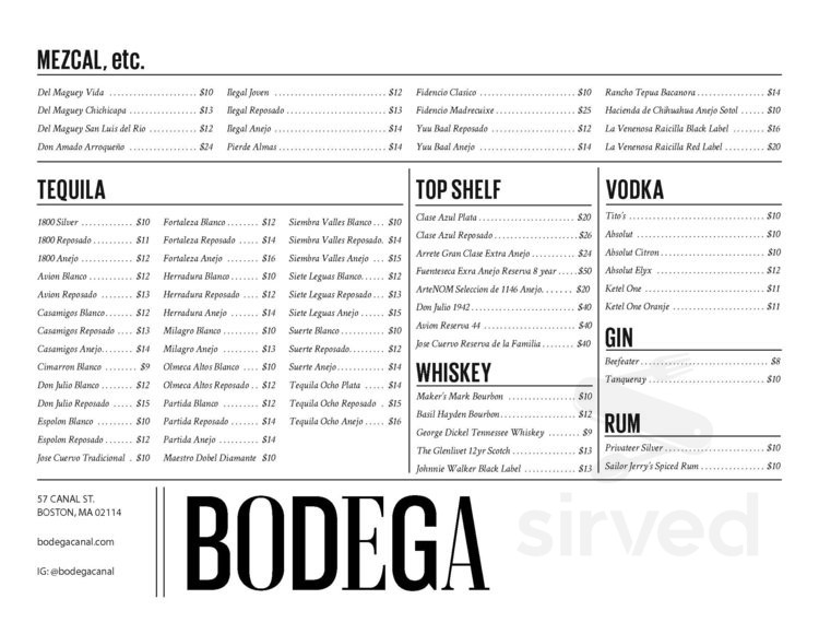 Menu - Boston MA's Bodega Canal | Sirved