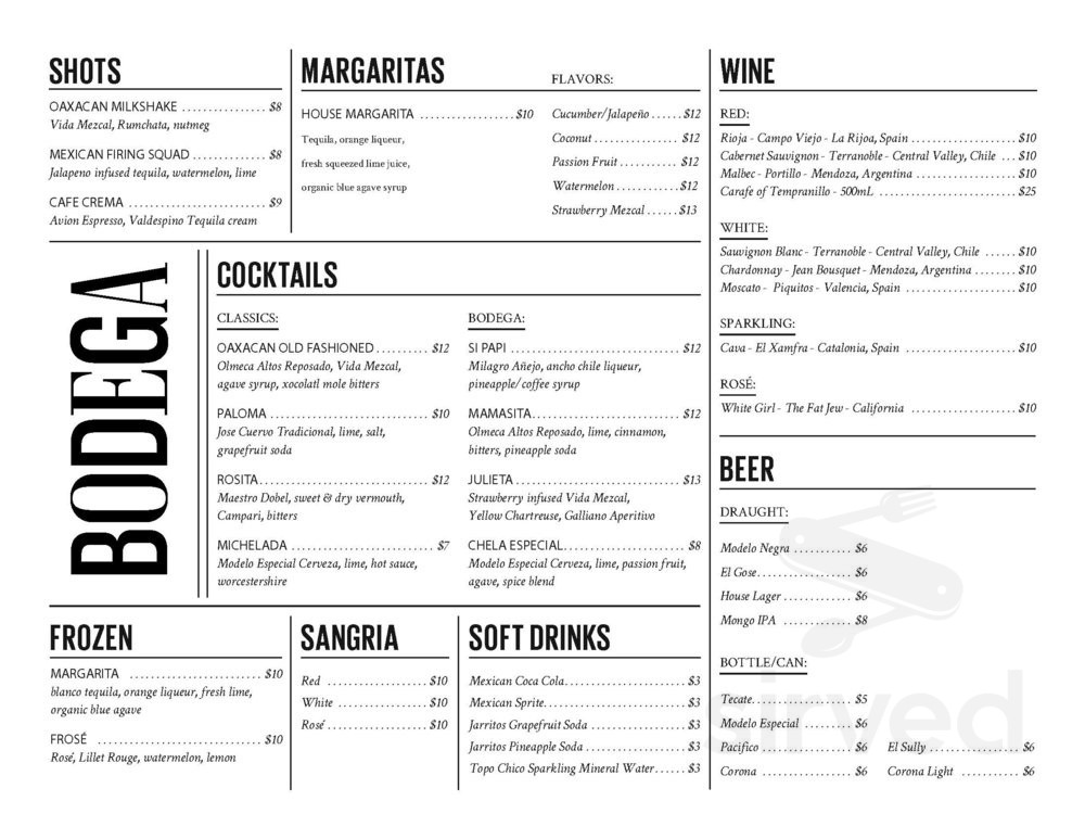 Menu - Boston MA's Bodega Canal | Sirved