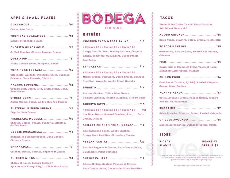 Menu - Boston MA's Bodega Canal | Sirved
