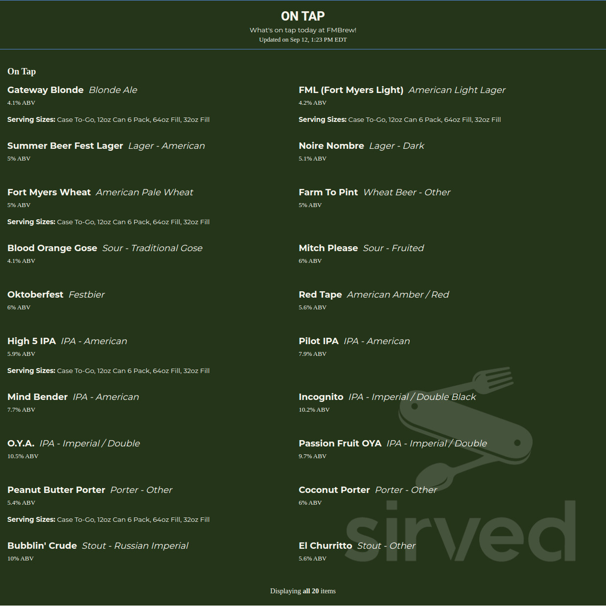 Menu for Fort Myers Brewing Company in Fort Myers, FL | Sirved