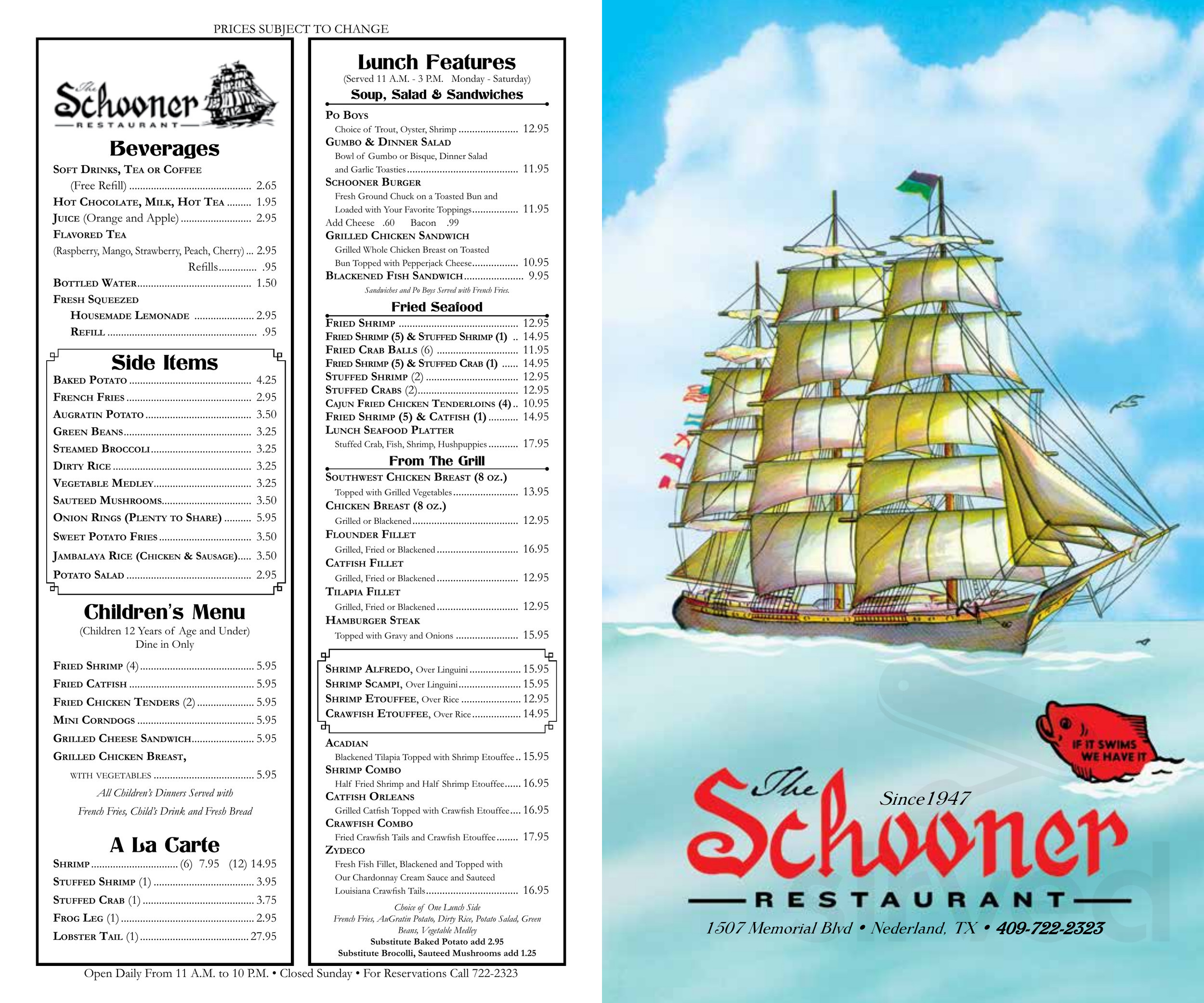 Menu for The Schooner Restaurant in Nederland, TX | Sirved