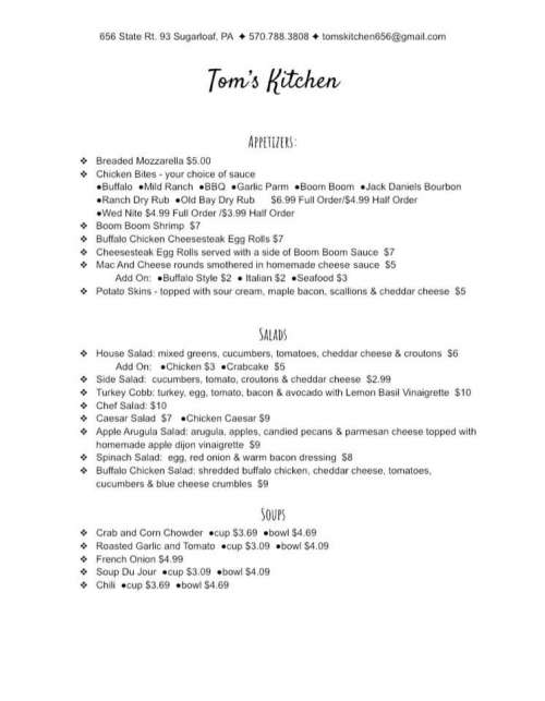 Tom's Kitchen menu in Sugarloaf, Pennsylvania, USA