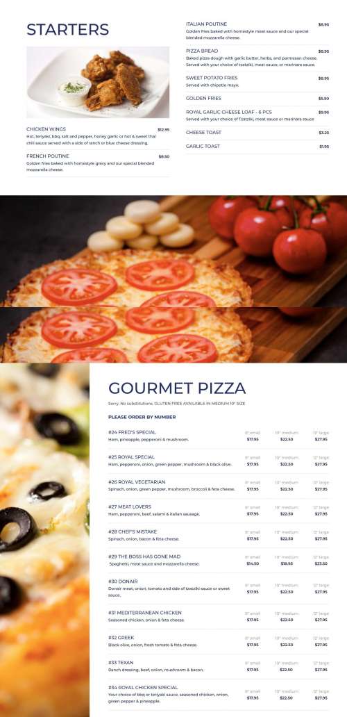 Royal Pizza menu in Edmonton, Alberta, Canada
