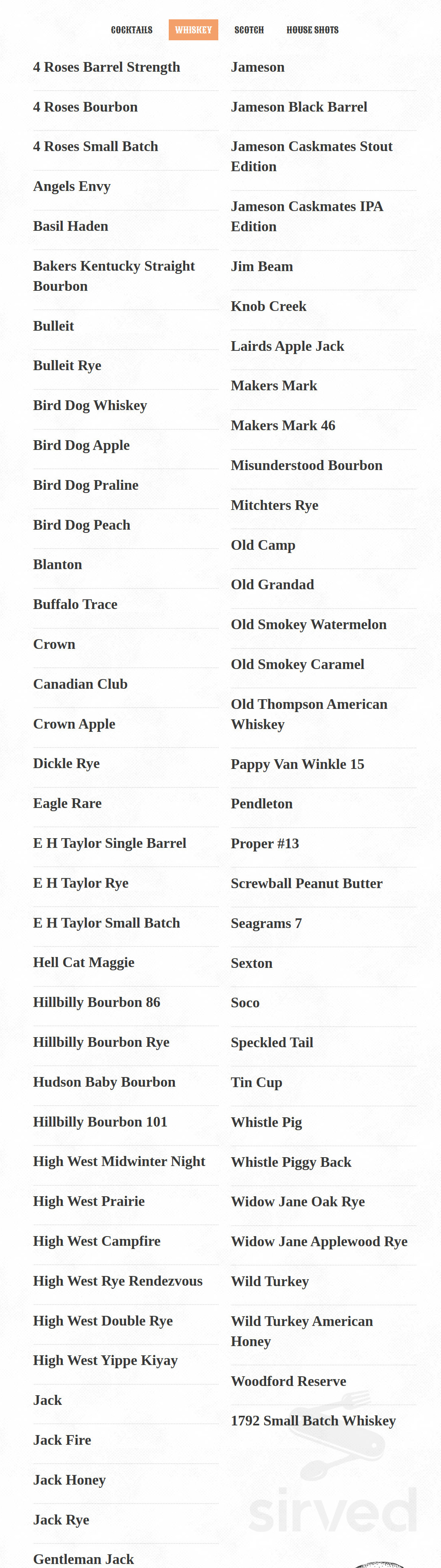 Southern Social Whiskey Bar & Lounge menu in Middleburg, Florida, USA