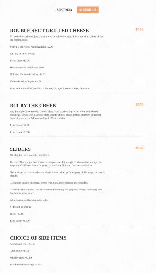 Southern Social Whiskey Bar & Lounge menu in Middleburg, Florida, USA