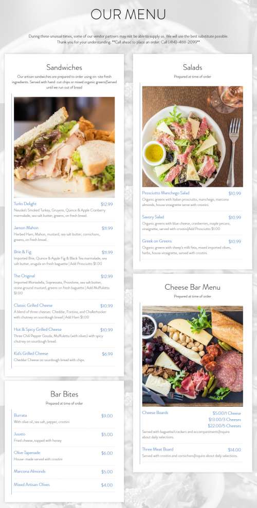 The Village Cheese Shop menu in Wauwatosa, Wisconsin, USA