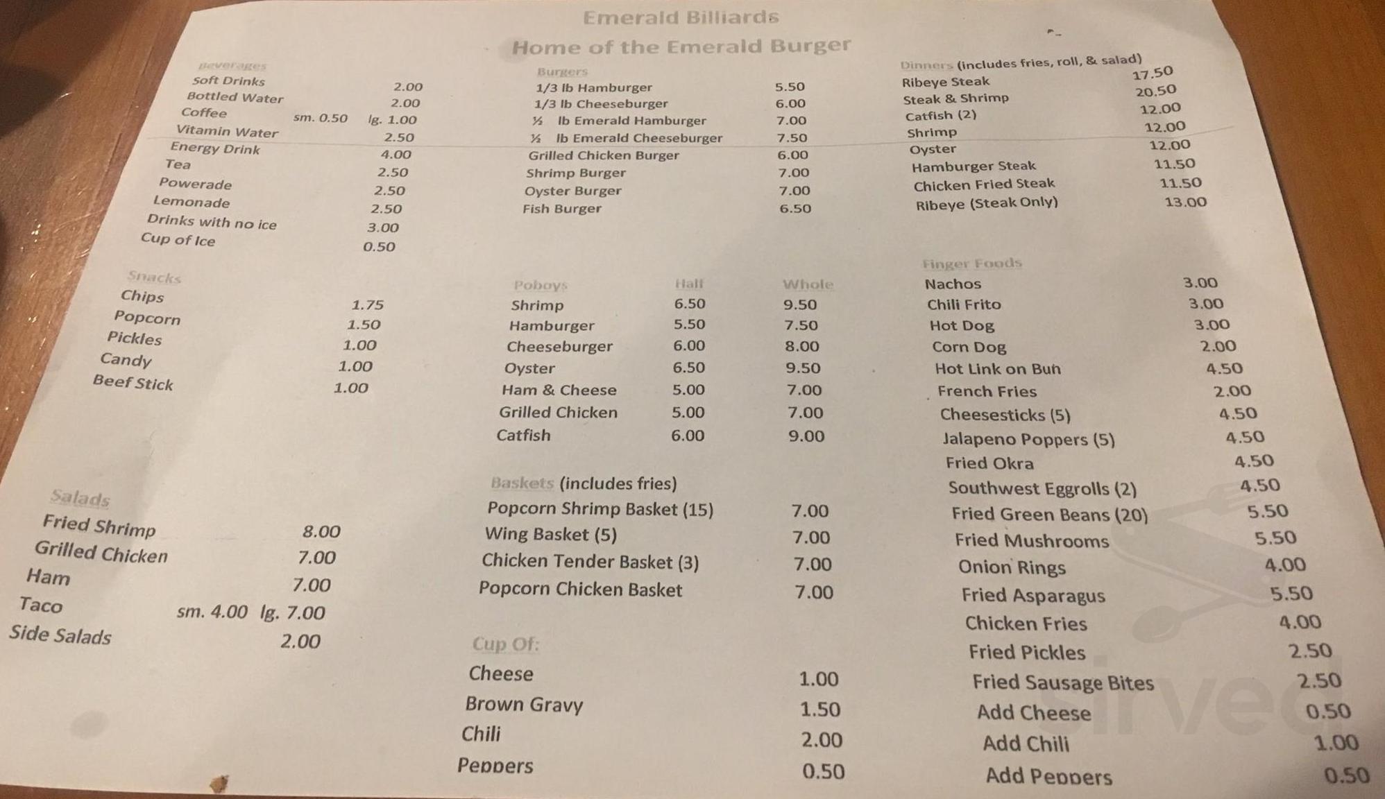 Menu for Emerald Billiards in New Iberia, LA | Sirved