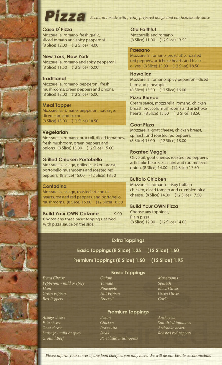 Menu - Niagara Falls ON's Casa D'Pizza | Sirved