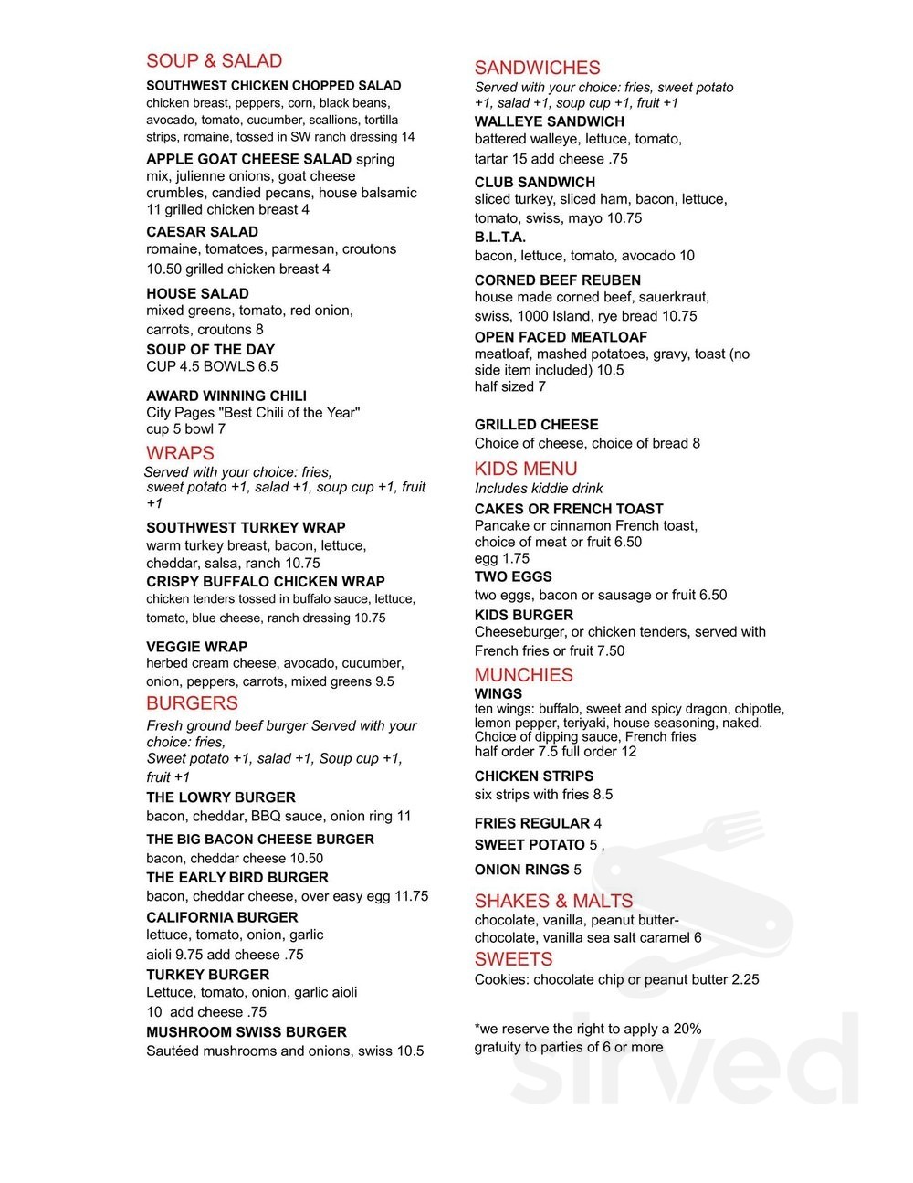 The Lowry Cafe menu in Minneapolis, Minnesota, USA