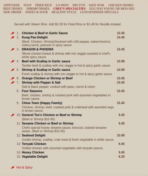 Sunny Wok menu in Dallas, Texas, USA