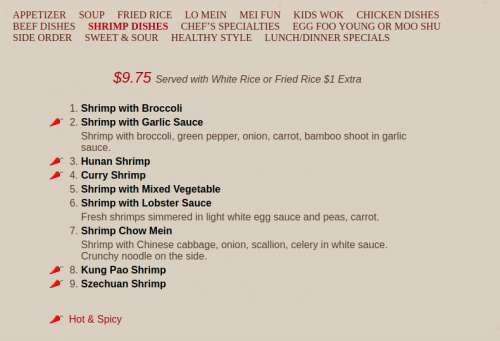 Sunny Wok menu in Dallas, Texas, USA