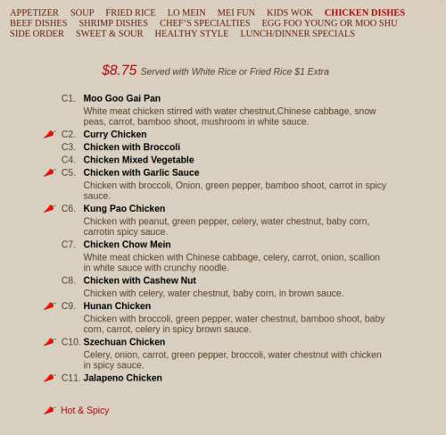 Sunny Wok menu in Dallas, Texas, USA