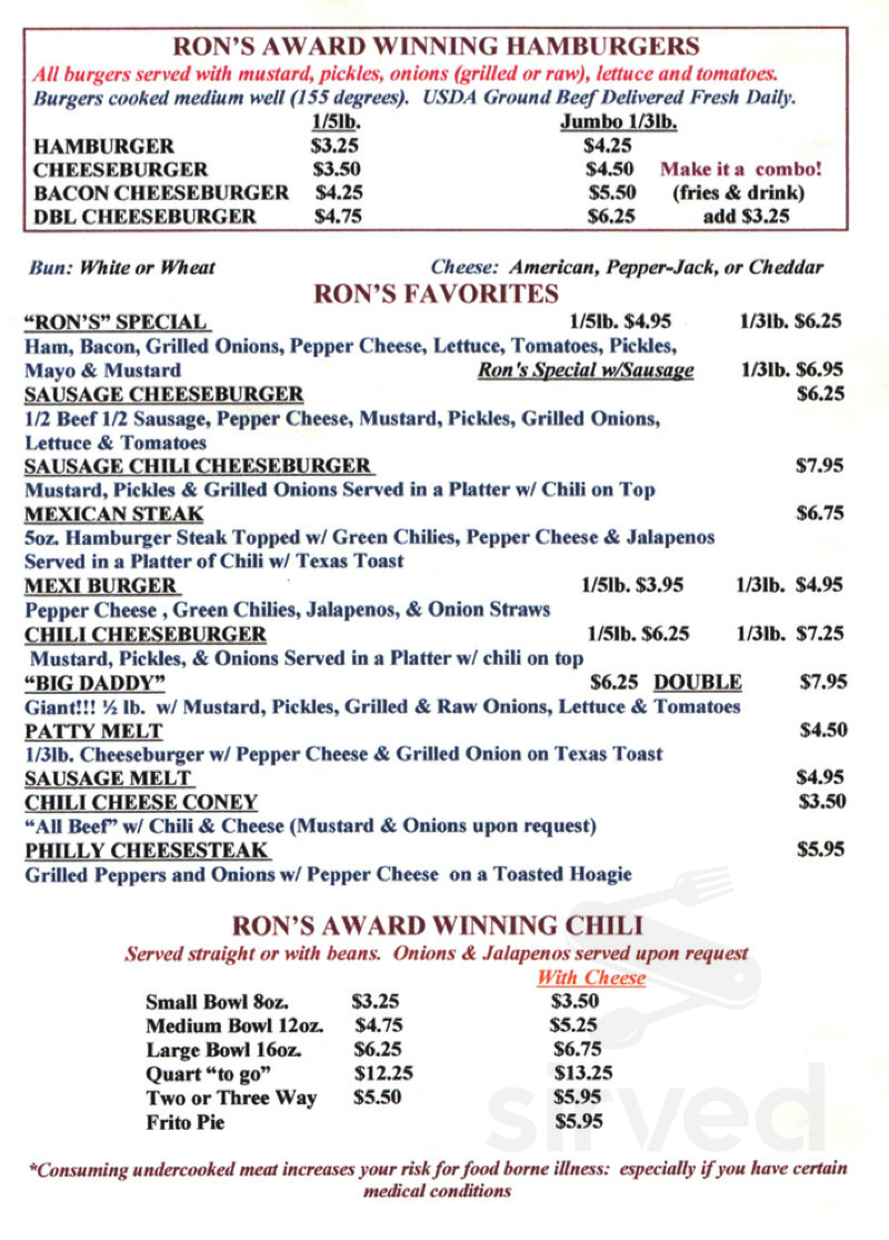 Ron's Hamburgers & Chili At the Farm Shopping Center menu in Tulsa ...