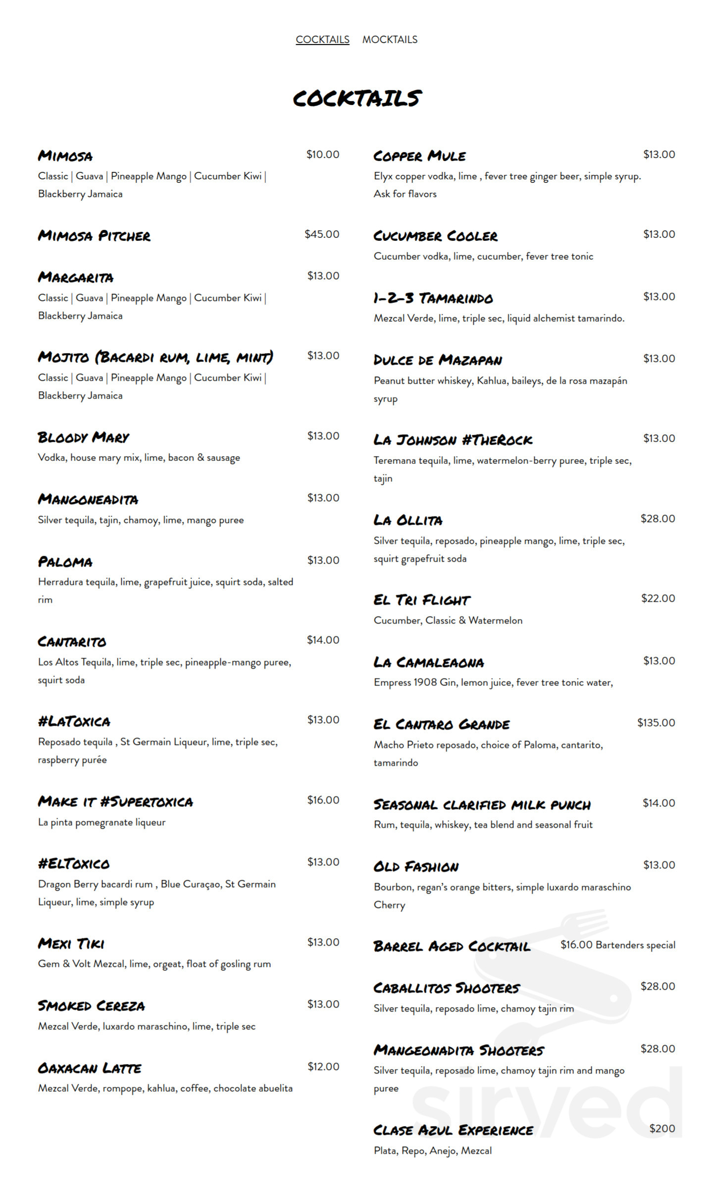 TOSTADAS menu in San Jose, California, USA