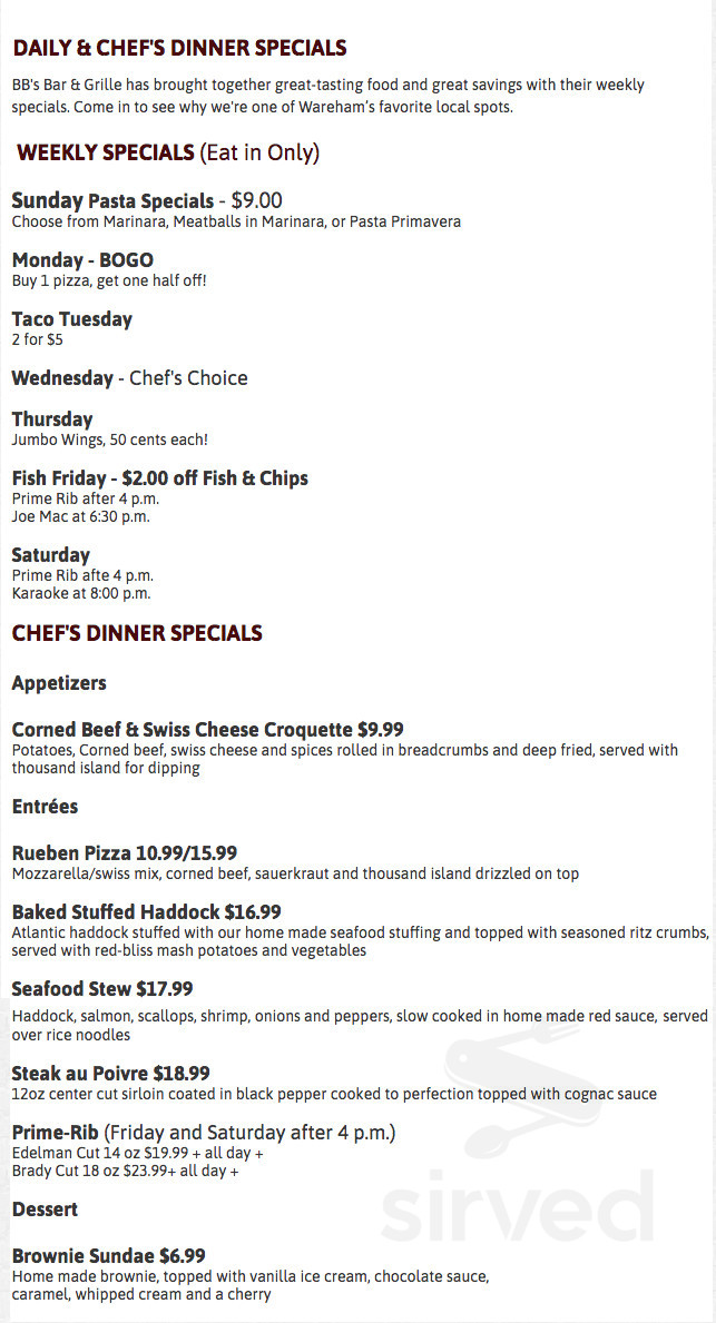 Menu - Wareham MA's BB's Bar & Function Halls | Sirved