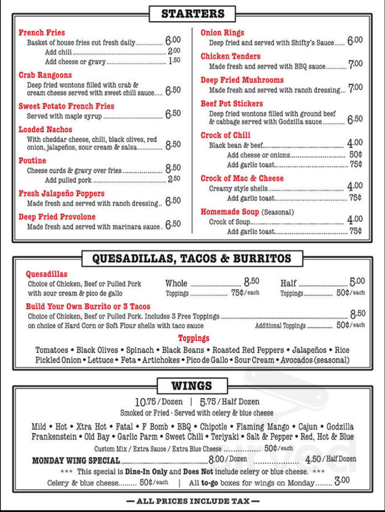 Shifty's Bar & Grill menu in Syracuse, New York, USA