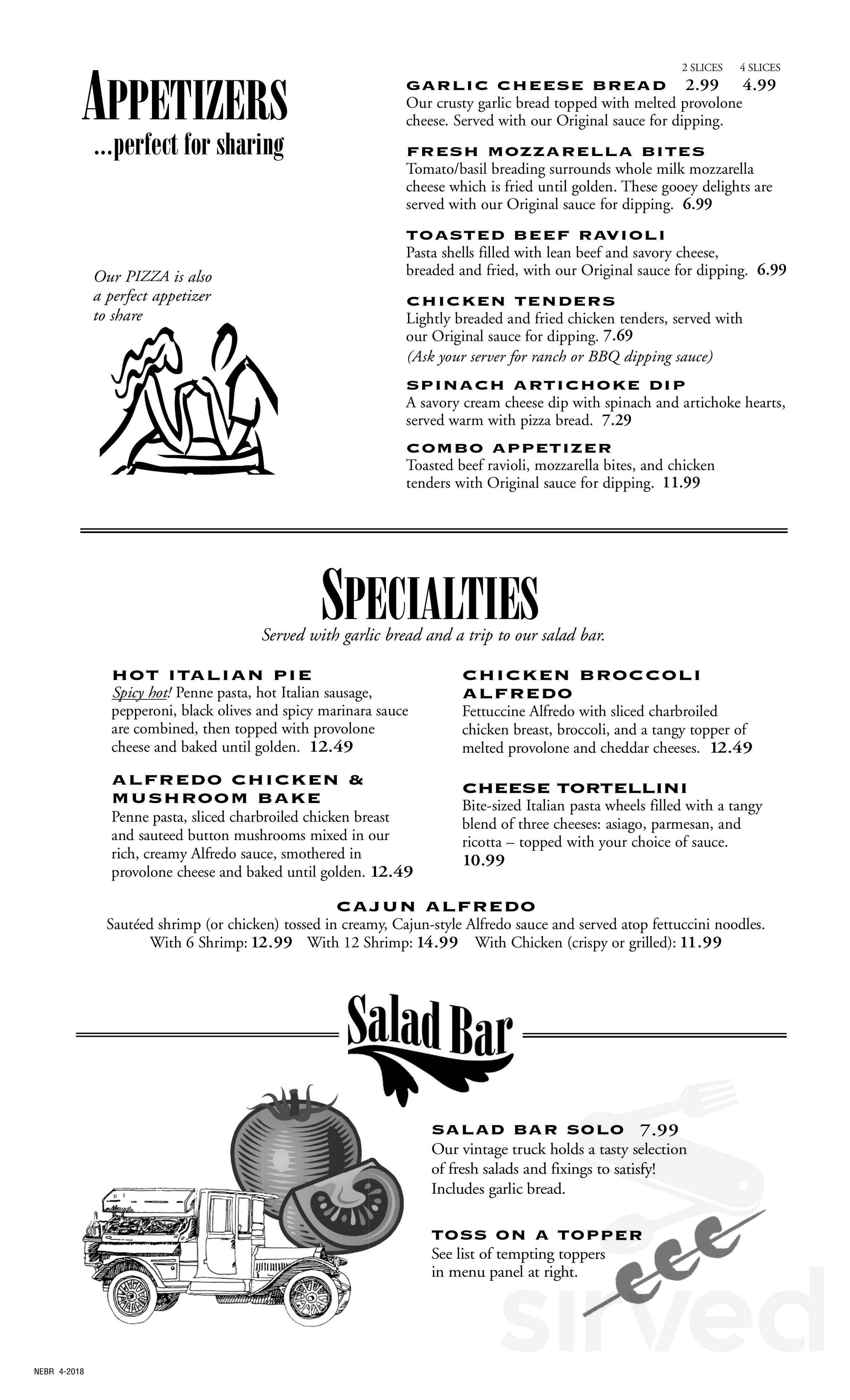 Spaghetti Works menu in Omaha, Nebraska, USA