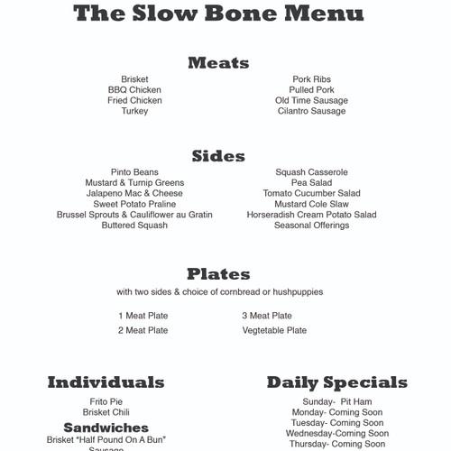 Slow Bone BBQ menu in Dallas, Texas, USA