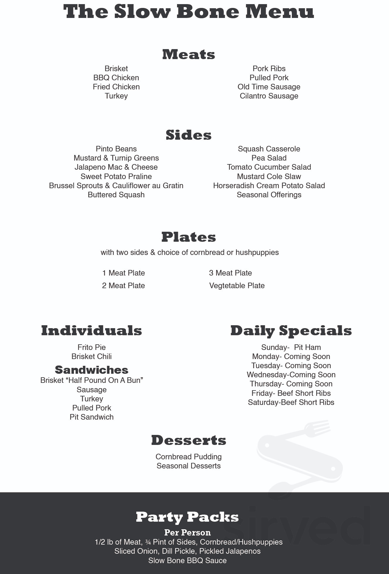 Slow Bone BBQ menu in Dallas, Texas, USA